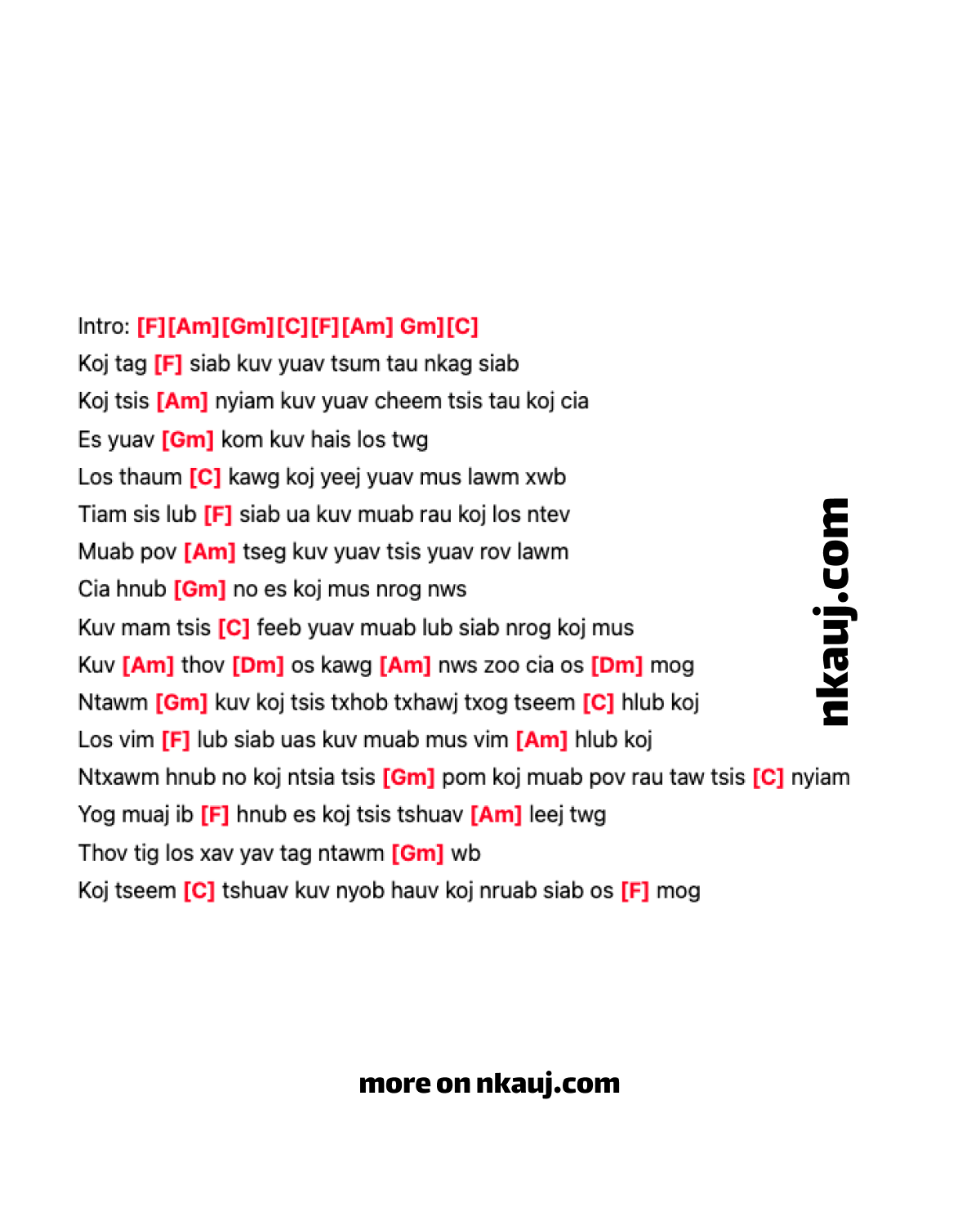 Puas Yog Vim Kuv By Neng Vang Guitar Chords - Nkauj Hmoob